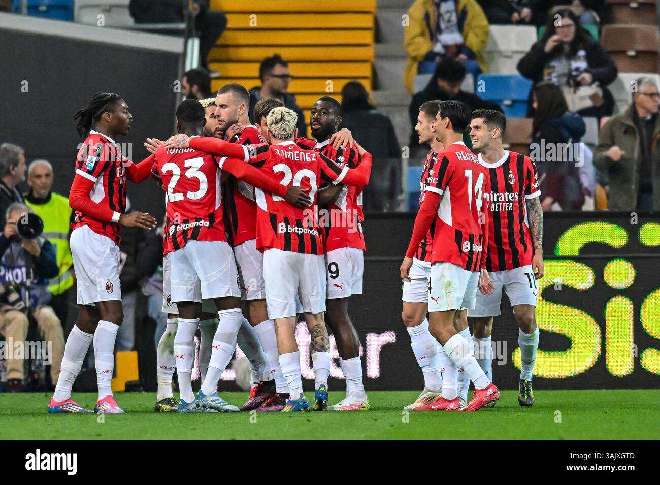 Udine, Italy. 12th Apr, 2025. Milan's Strahinja Pavlovic celebrates ...