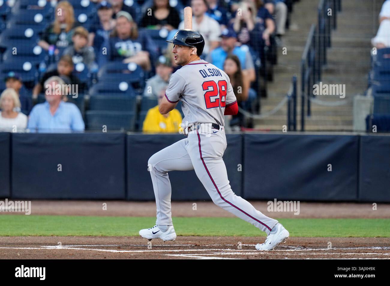 Atlanta Braves' Matt Olson (28) watches his RBI single off Tampa Bay ...