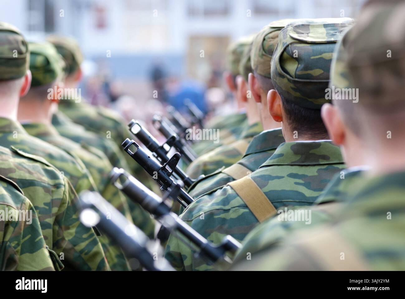Russian soldiers in a formation, the back view Stock Photo - Alamy