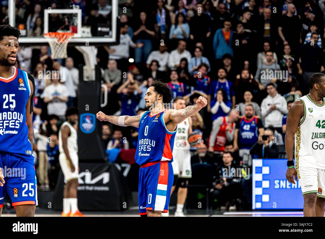 ISTANBUL, TURKEY - April 11 , 2025: Shane Larkin #0 of Anadolu Efes in ...