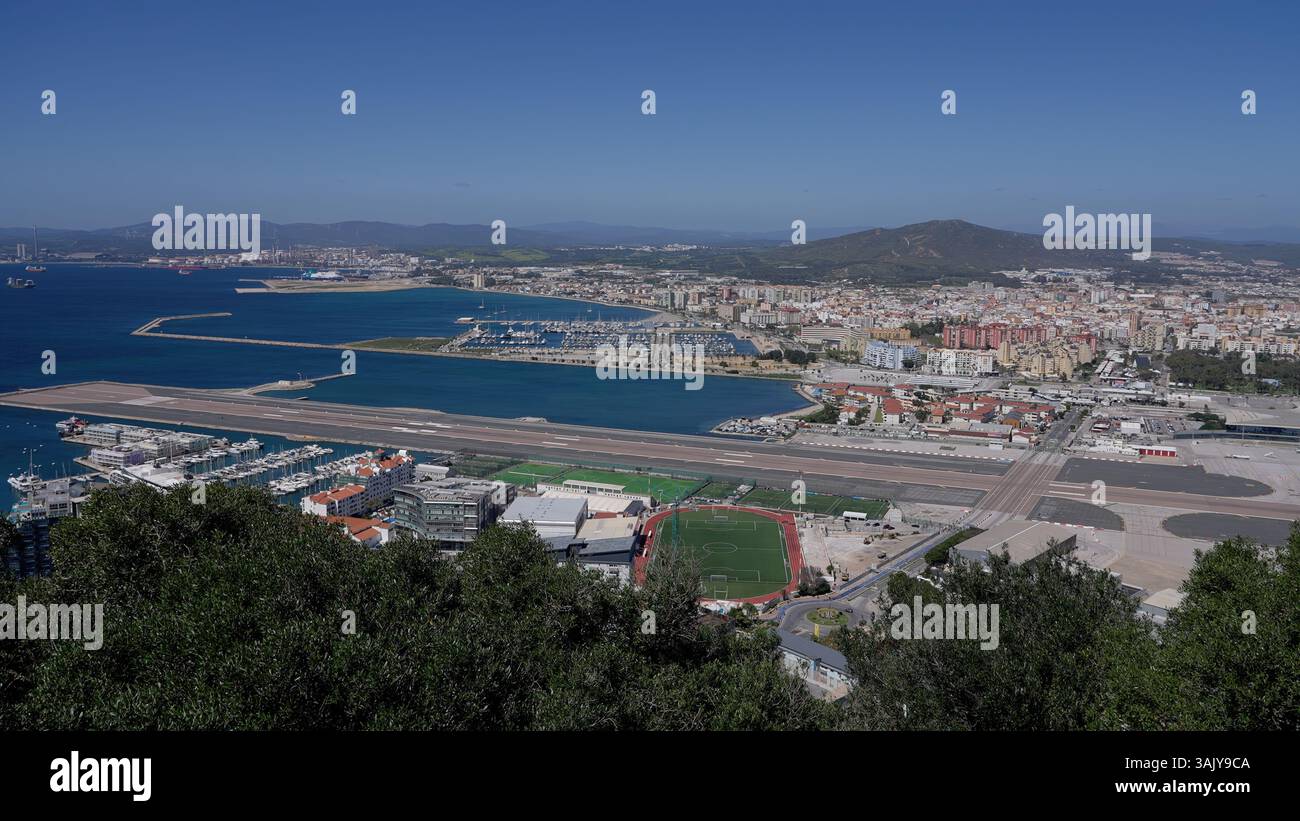 Aerial view of Gibraltar International Airport runway crossing Winston ...