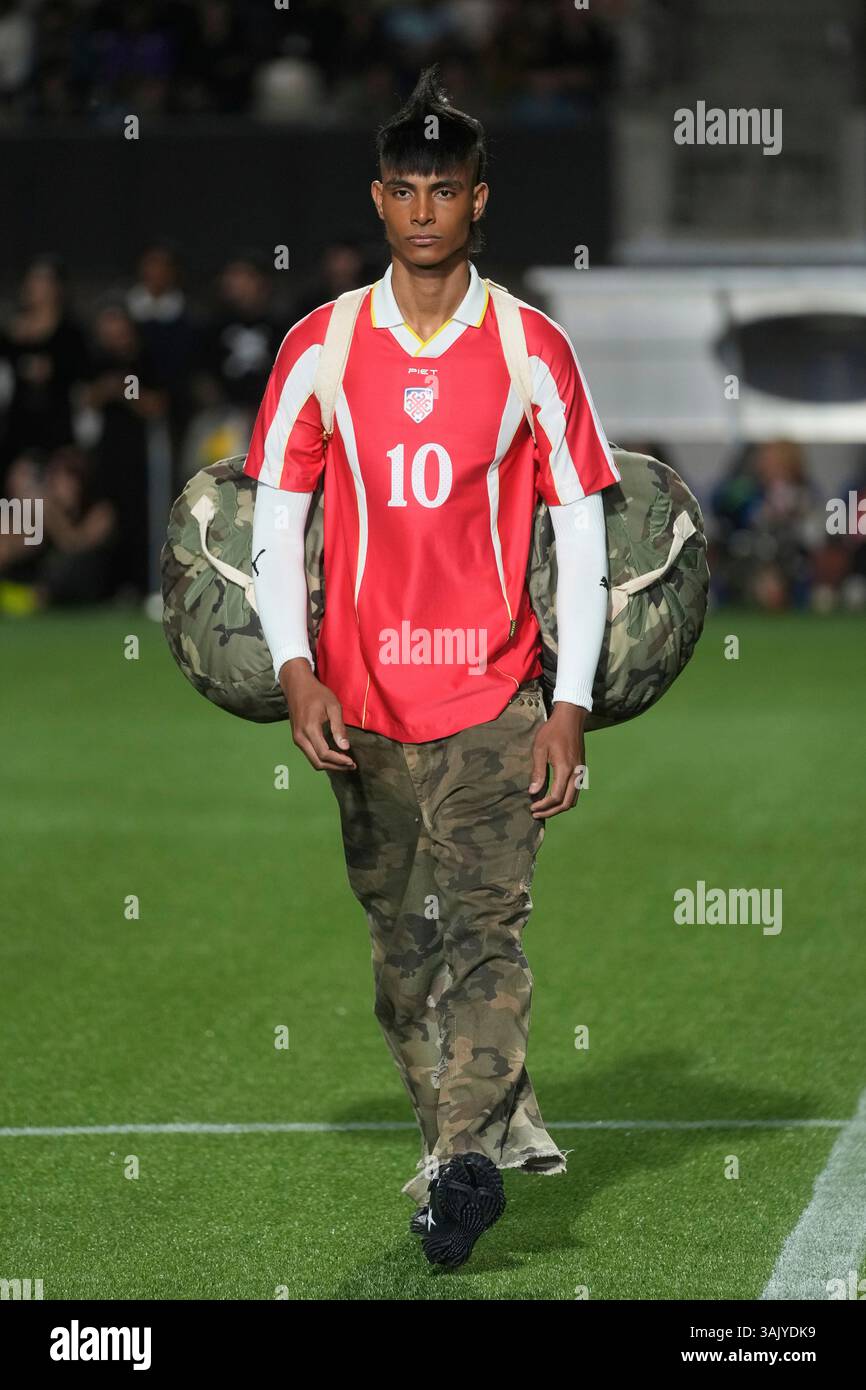 A model wears a creation from the Piet collection at the Pacaembu ...