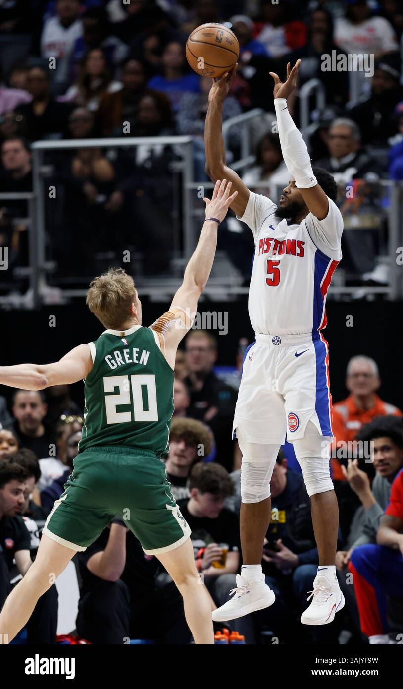 Detroit Pistons guard Malik Beasley (5) takes a shot against Milwaukee ...
