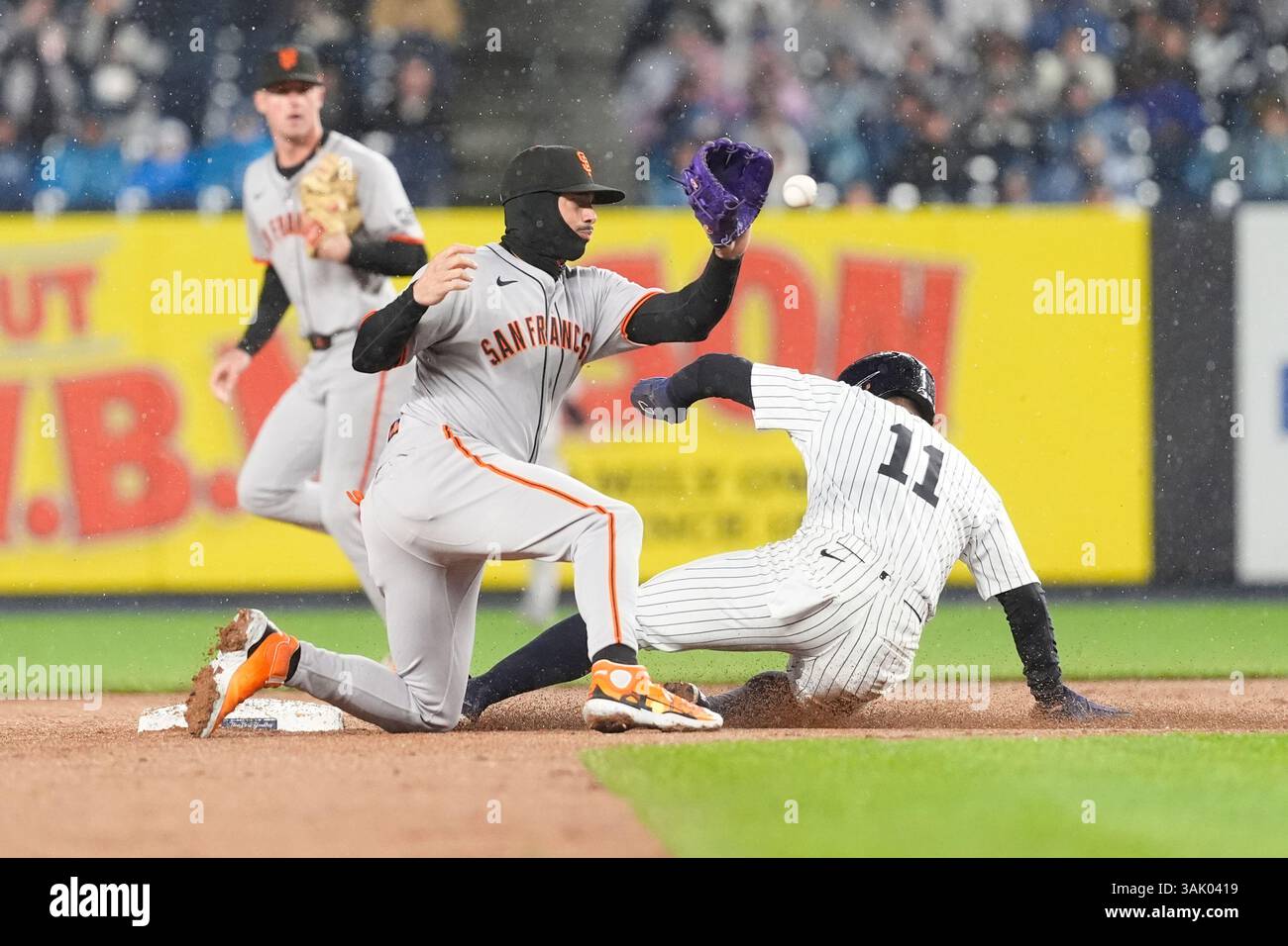 BRONX, NY - APRIL 11: New York Yankees Shortstop Baseman Anthony Volpe (11) steals second base ...
