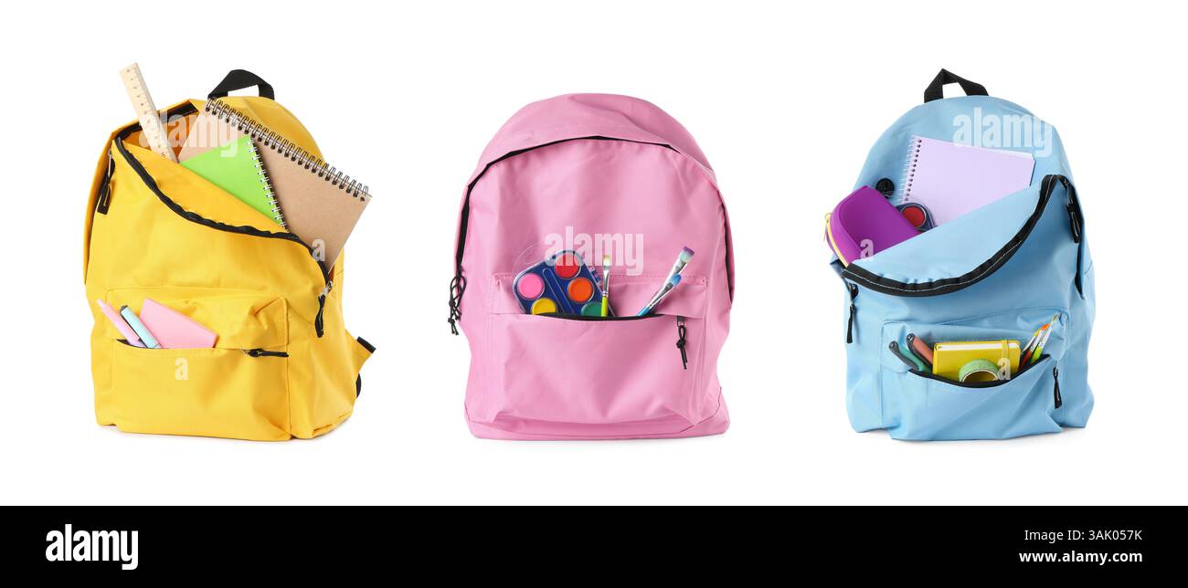 Different backpacks with school stationery isolated on white, collage ...