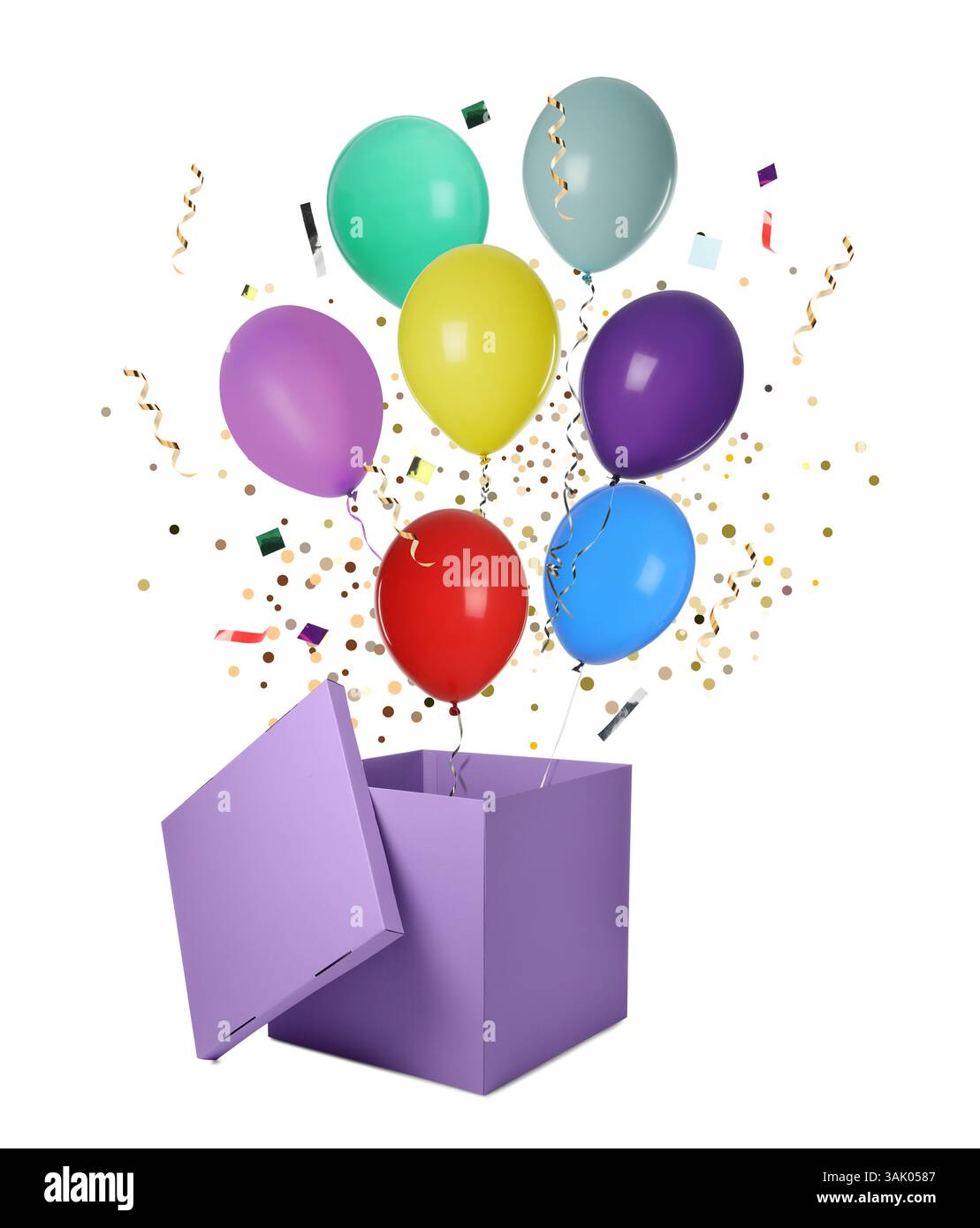 Bright balloons flying out of violet box on white background Stock ...
