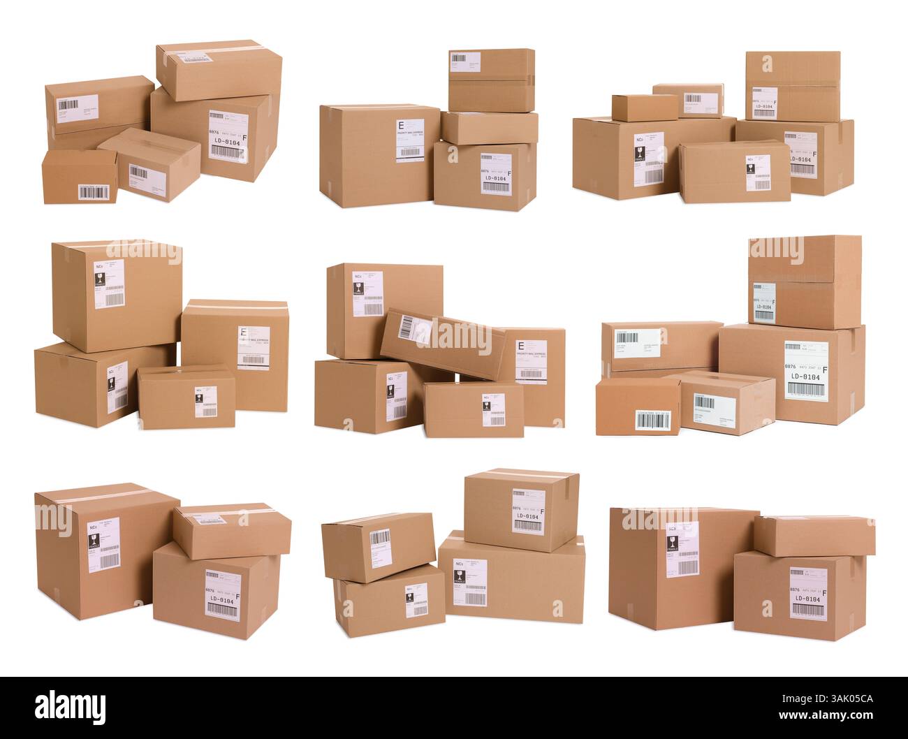 Many different parcels with shipping labels isolated on white, collage ...