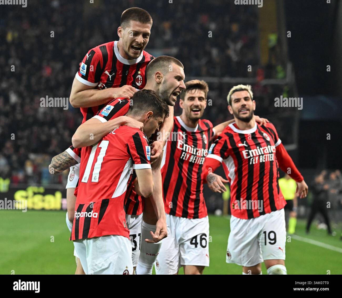 Udine, Italy. 11th Apr, 2025. AC Milan's Strahinja Pavlovic (3rd L ...