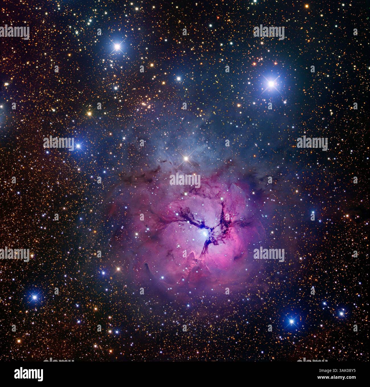 Trifid Nebula (M20, NGC 6514), optical image. The Trifid Nebula lies ...
