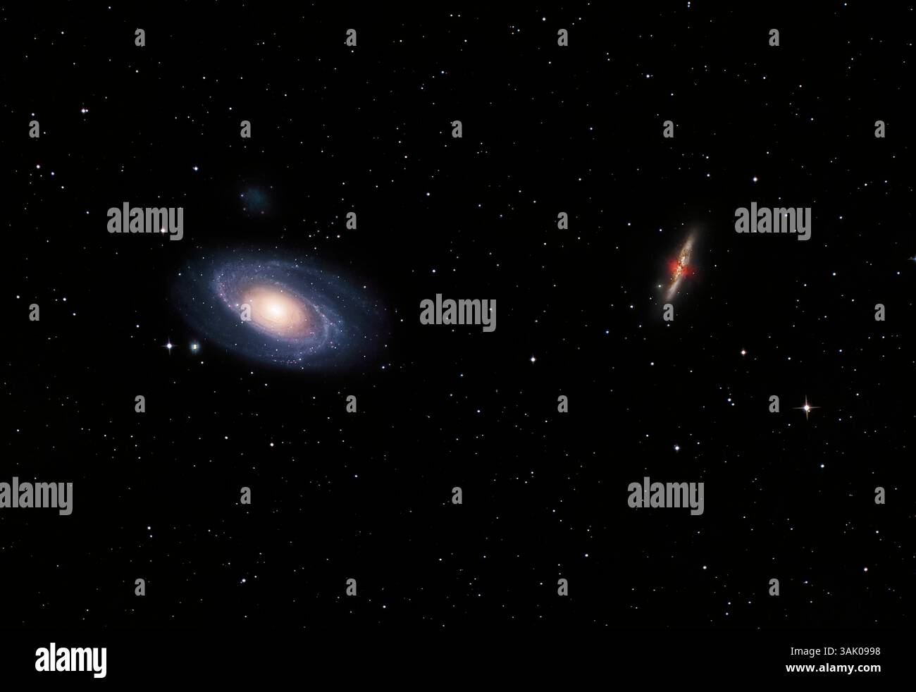 Interacting galaxies M81 and M82, optical image. The much larger M81 ...