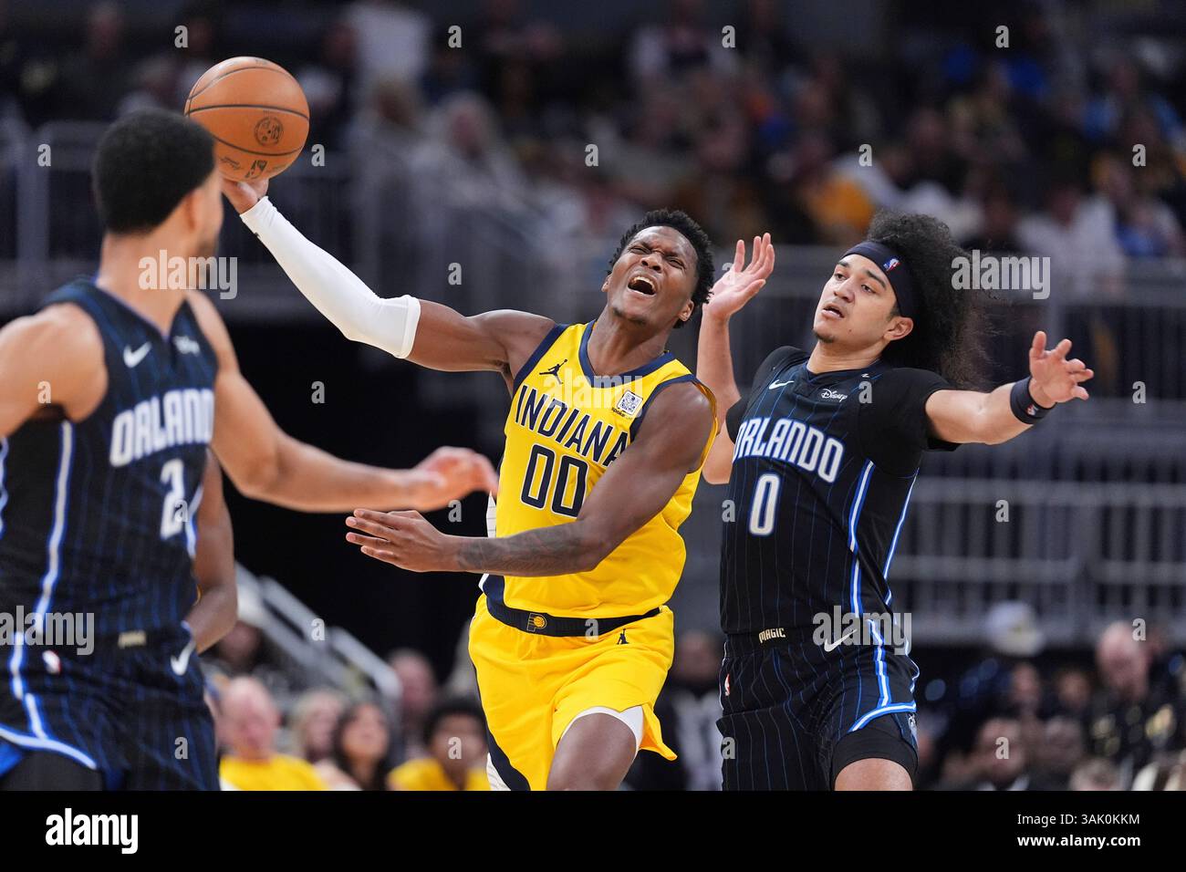 Indiana Pacers guard Bennedict Mathurin (00) reacts after being fouled ...