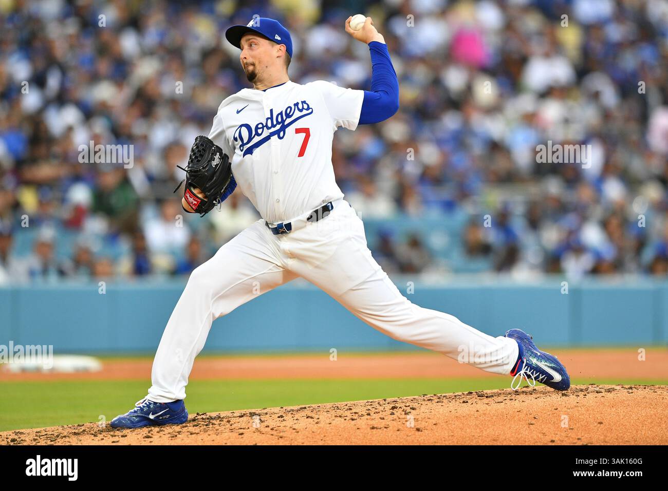 LOS ANGELES, CA - APRIL 02: Los Angeles Dodgers pitcher Blake Snell (7) throws a pitch during ...