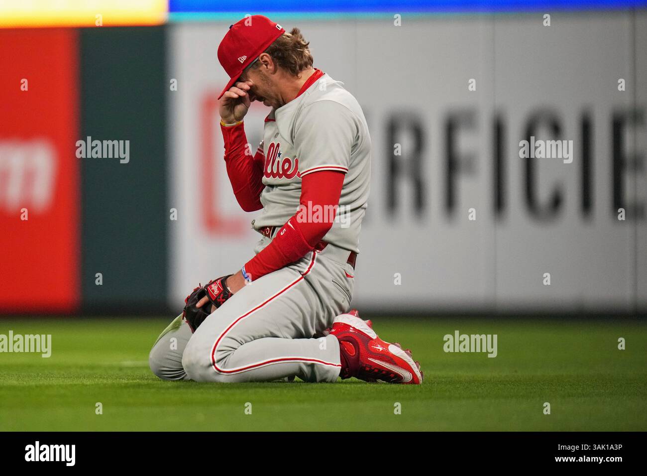 Philadelphia Phillies second baseman Bryson Stott reacts after being ...