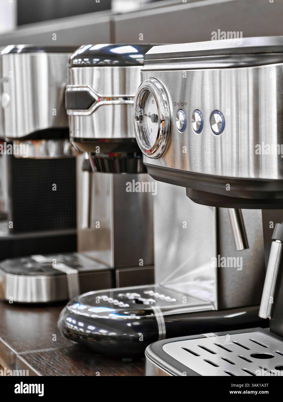 Exploring modern coffee machines gleaming in natural light within a ...