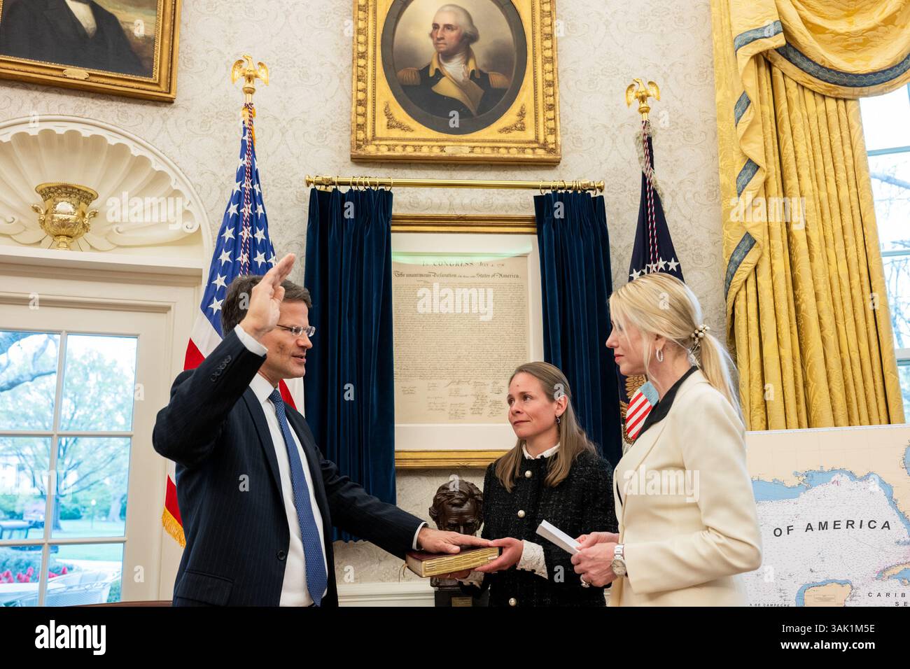 President Donald Trump participates in the swearing-in ceremony for ...