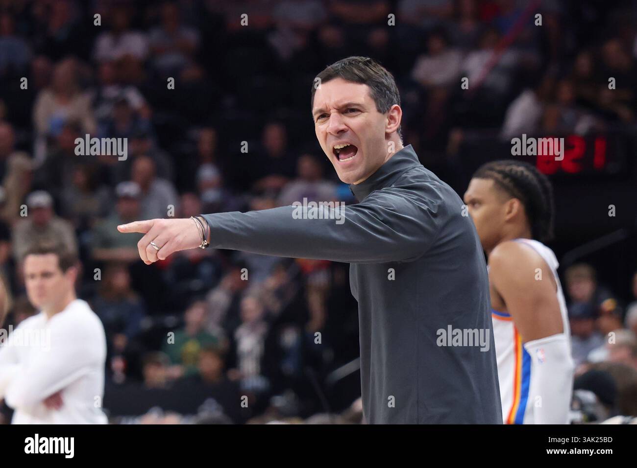Oklahoma City Thunder head coach Mark Daigneault reacts to a call ...