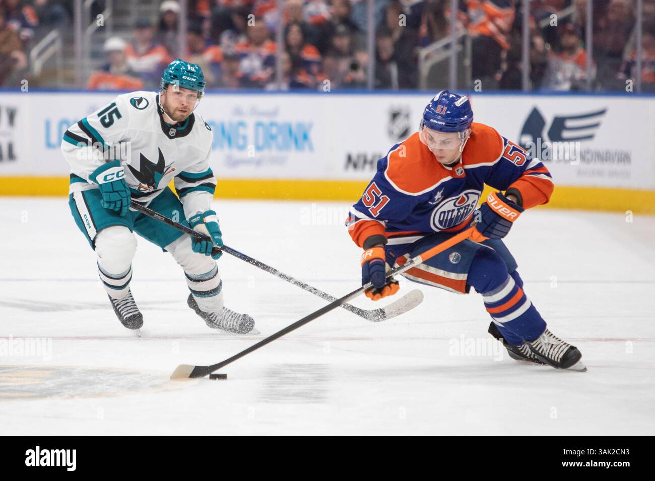 San Jose Sharks' Nikolai Kovalenko (15) pursues Edmonton Oilers' Troy ...