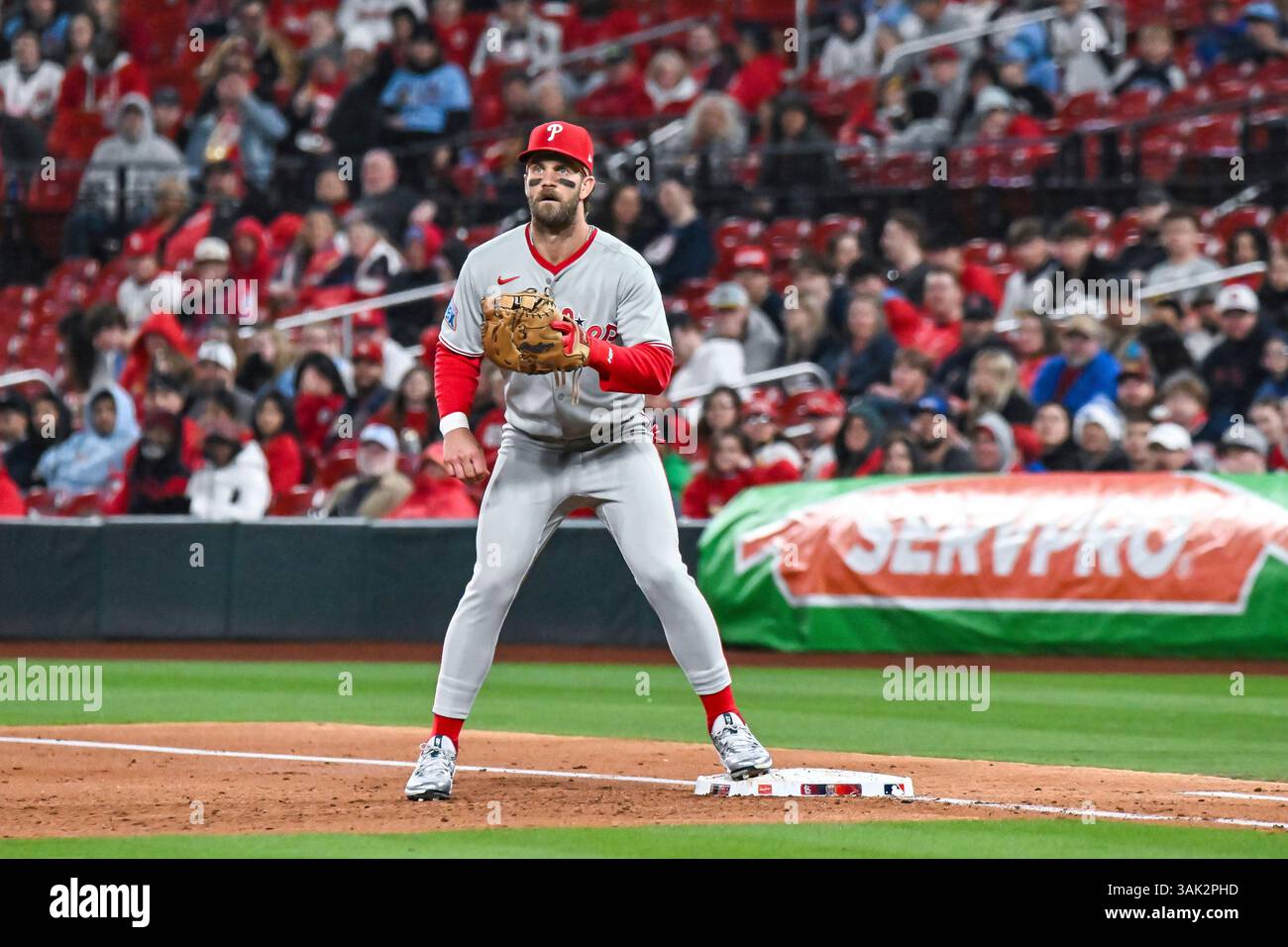 ST. LOUIS, MO - APR 11: Philadelphia Phillies first baseman Bryce Harper (3) waits for the throw ...