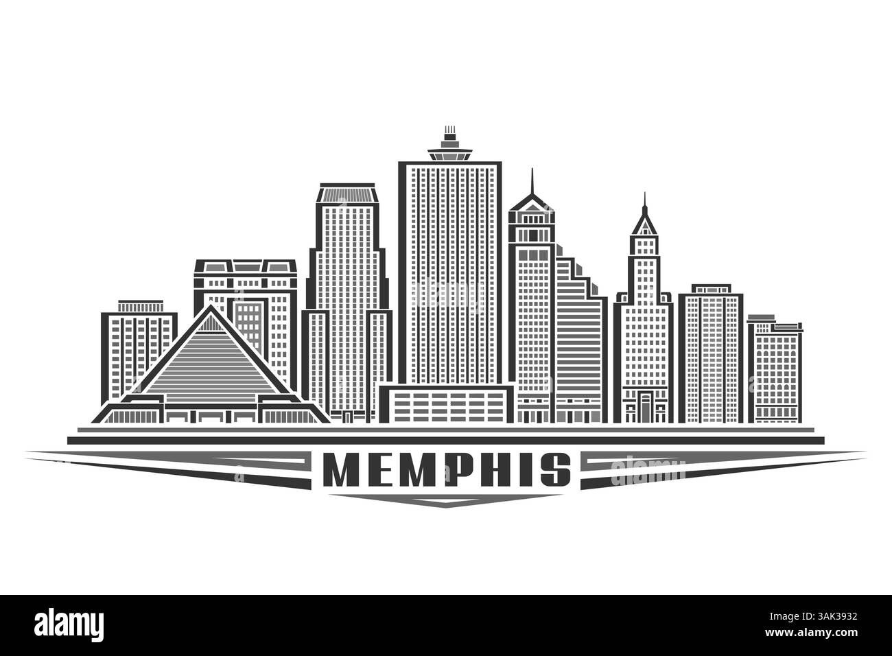 Vector illustration of Memphis, monochrome horizontal card with linear ...