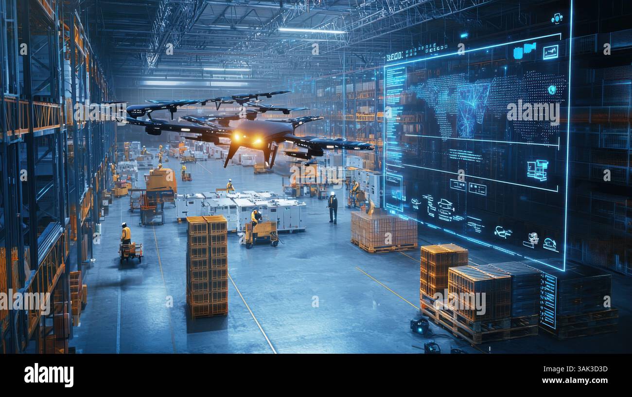A futuristic warehouse scene showcasing advanced drones performing logistics tasks. The image ...