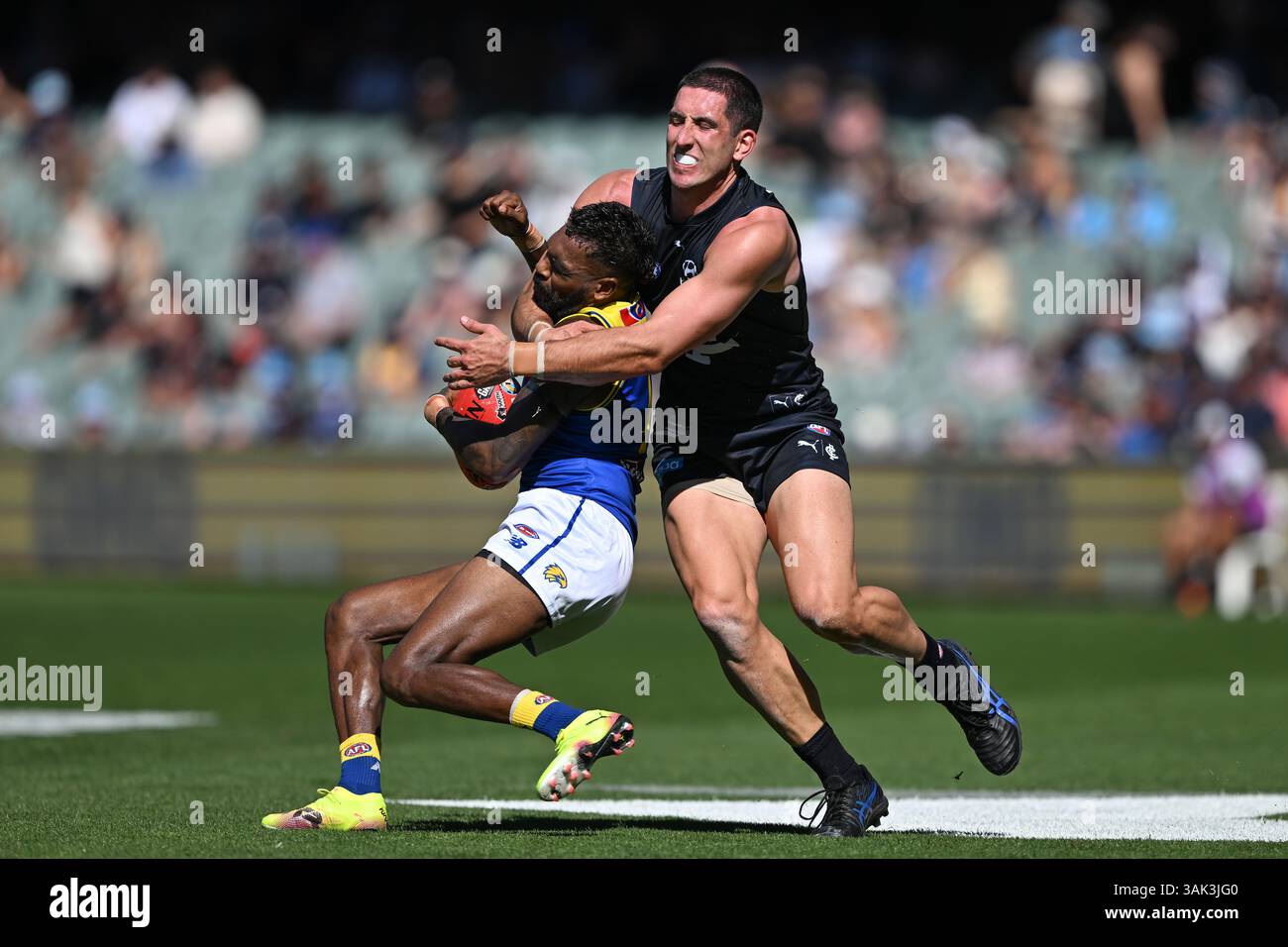 Jacob Weitering of Carlton takes Liam Ryan of the West Coast Eagles high during the AFL Round 5 ...
