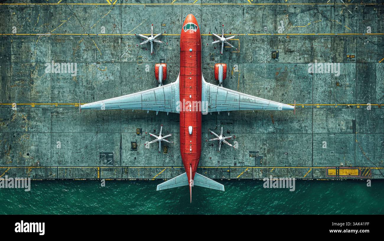Captured from above, this image features a red passenger airplane ...