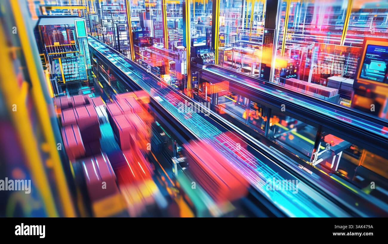 A vibrant automated warehouse showcasing conveyor systems with moving ...