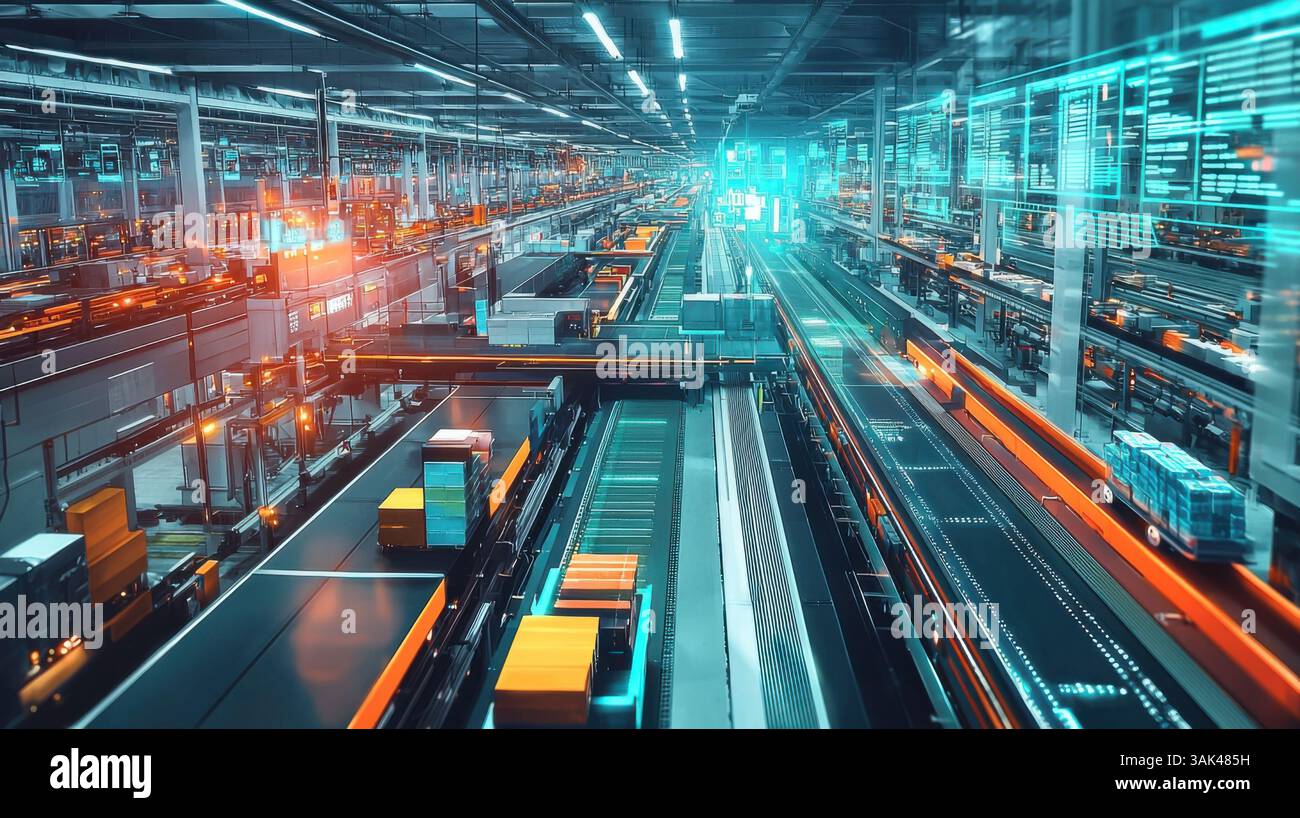 A vibrant high-tech warehouse scene showcasing advanced automation and ...