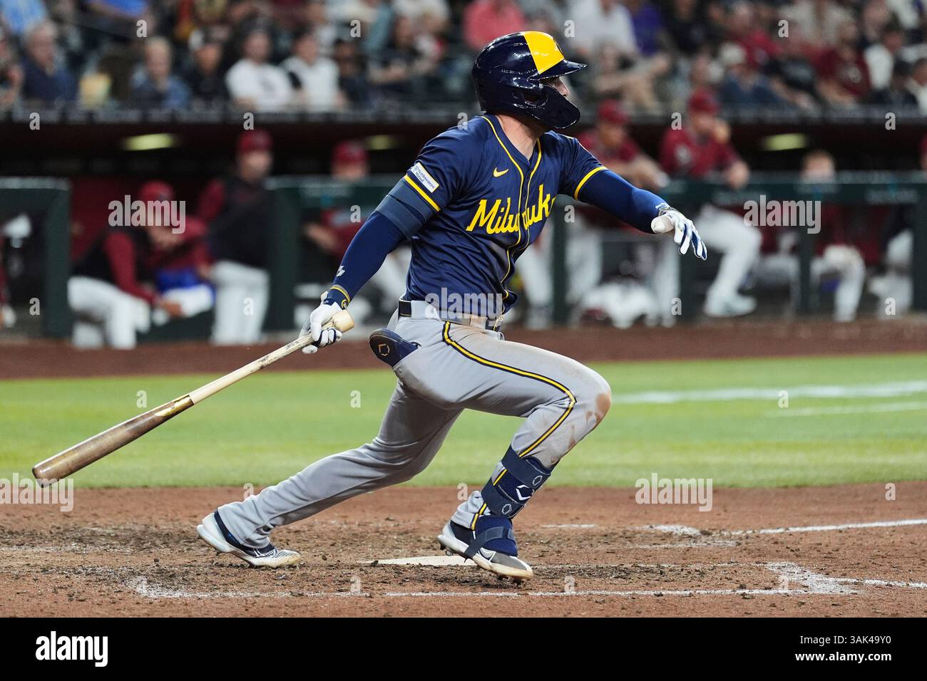 Milwaukee Brewers' Brice Turang watches the flight of his two-run ...