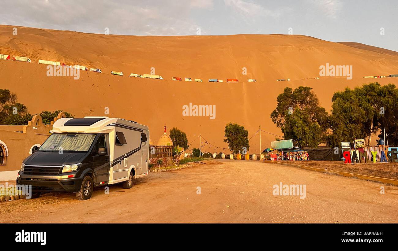 Modern RV motorhome while standing in Peru on the coast. Pan American ...