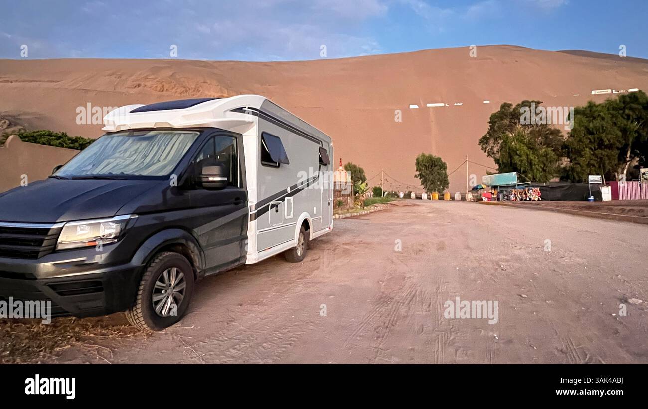 Modern RV motorhome while standing in Peru on the coast. Pan American ...