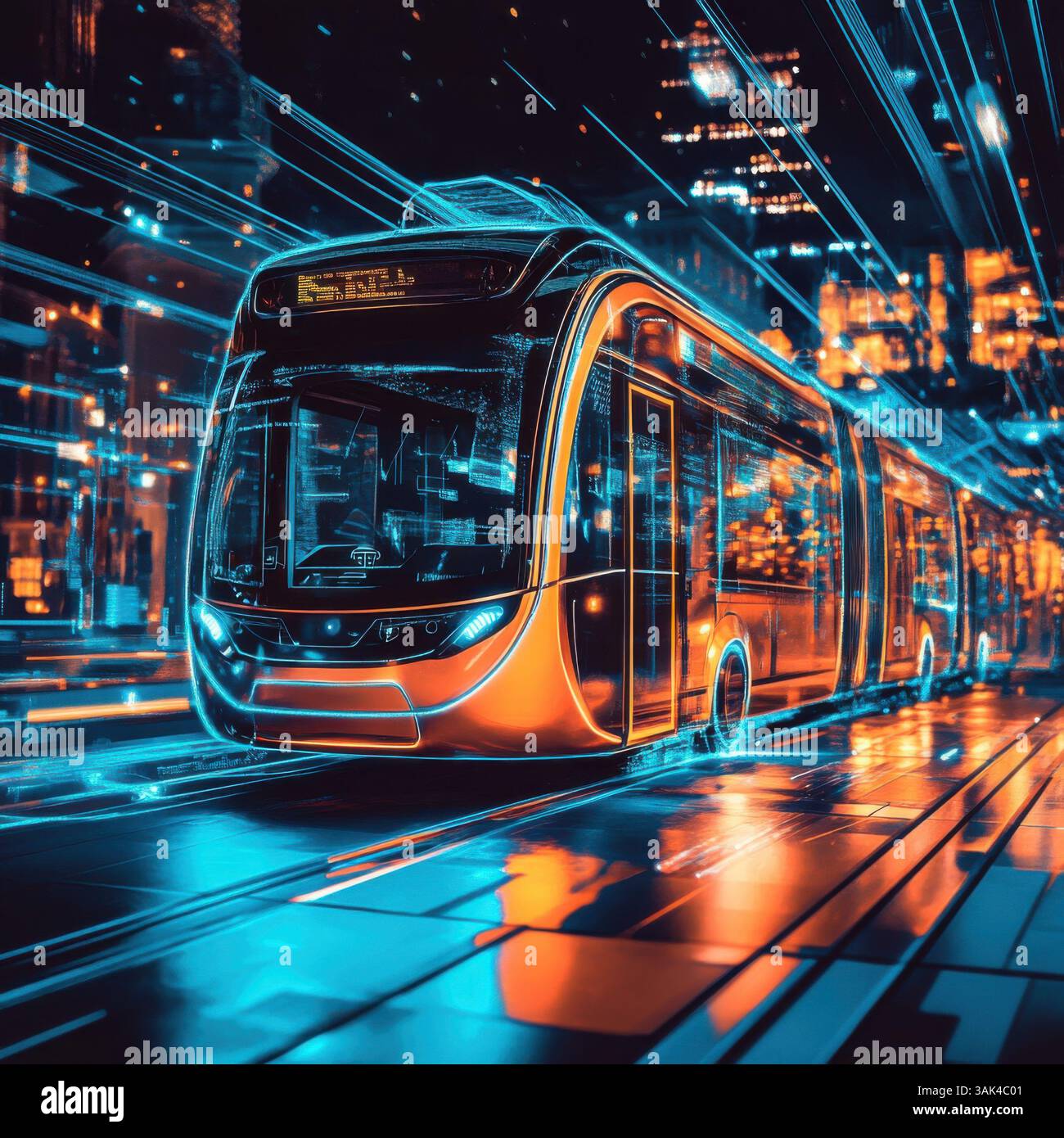 A futuristic tram glides through a neon-lit city street, surrounded by ...
