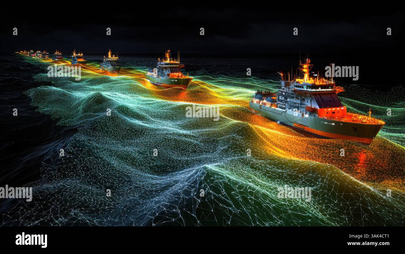 A stunning visual of ships gliding through vibrant ocean waves at night ...