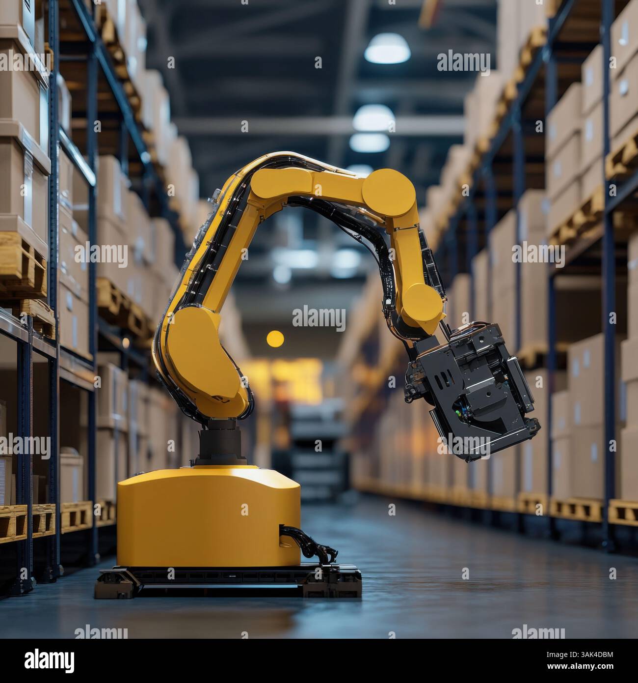 A sleek, yellow robotic arm operates within a modern warehouse ...