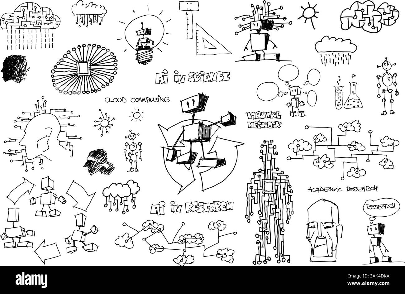 hand drawn sketches of artificial intelligence topics and robots and ...