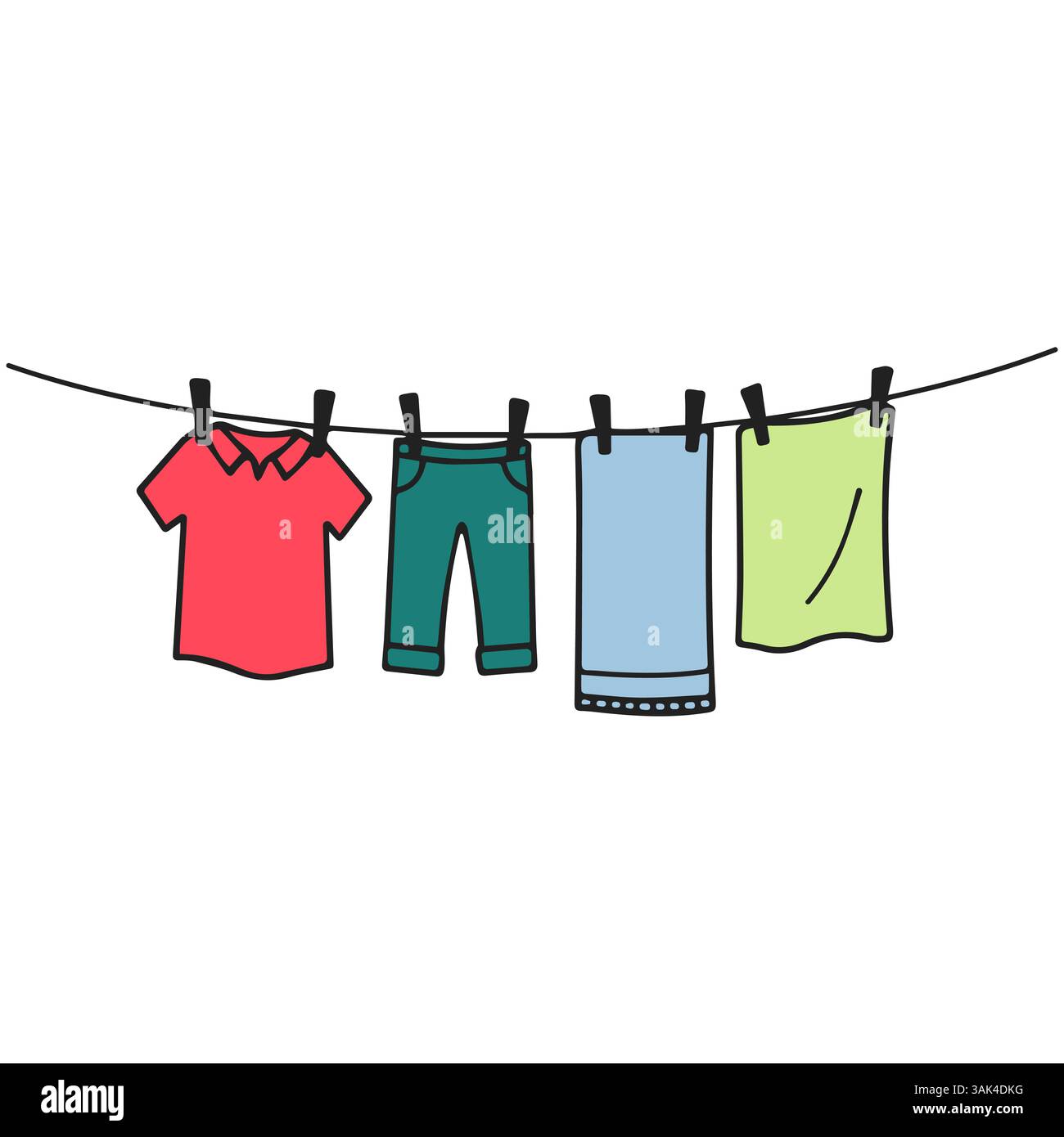 Colorful Laundry Drying, on Clothesline with Clothespins Stock Vector ...