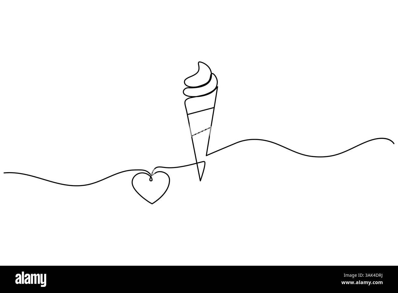 Continuous one line drawing of ice cream, white background on black ...