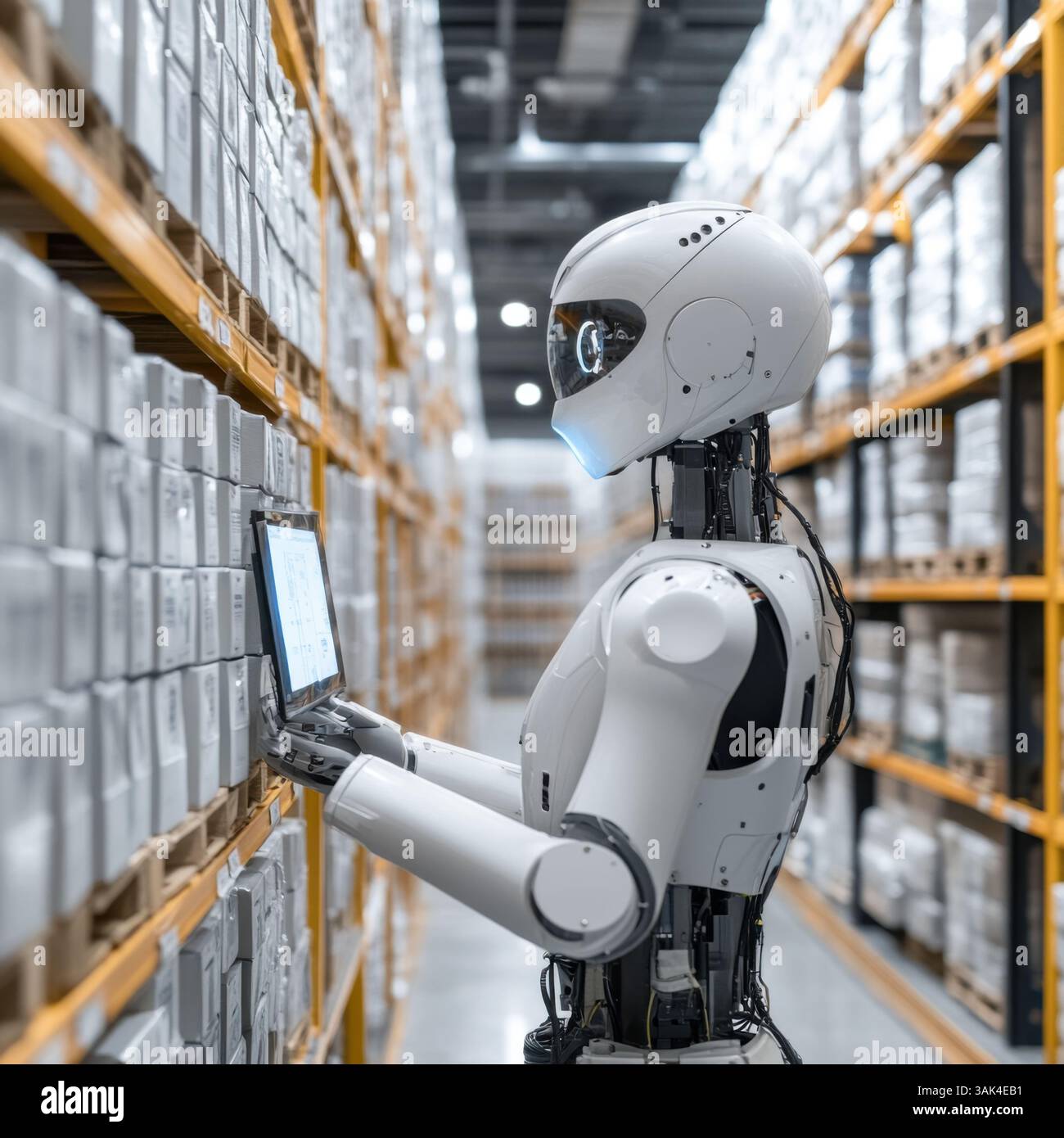 A humanoid robot interacts with a tablet in a spacious warehouse ...