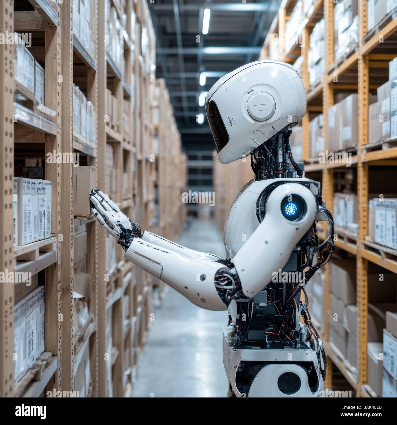 A sleek robot interacts with packages in an efficient warehouse, showcasing automation and ...
