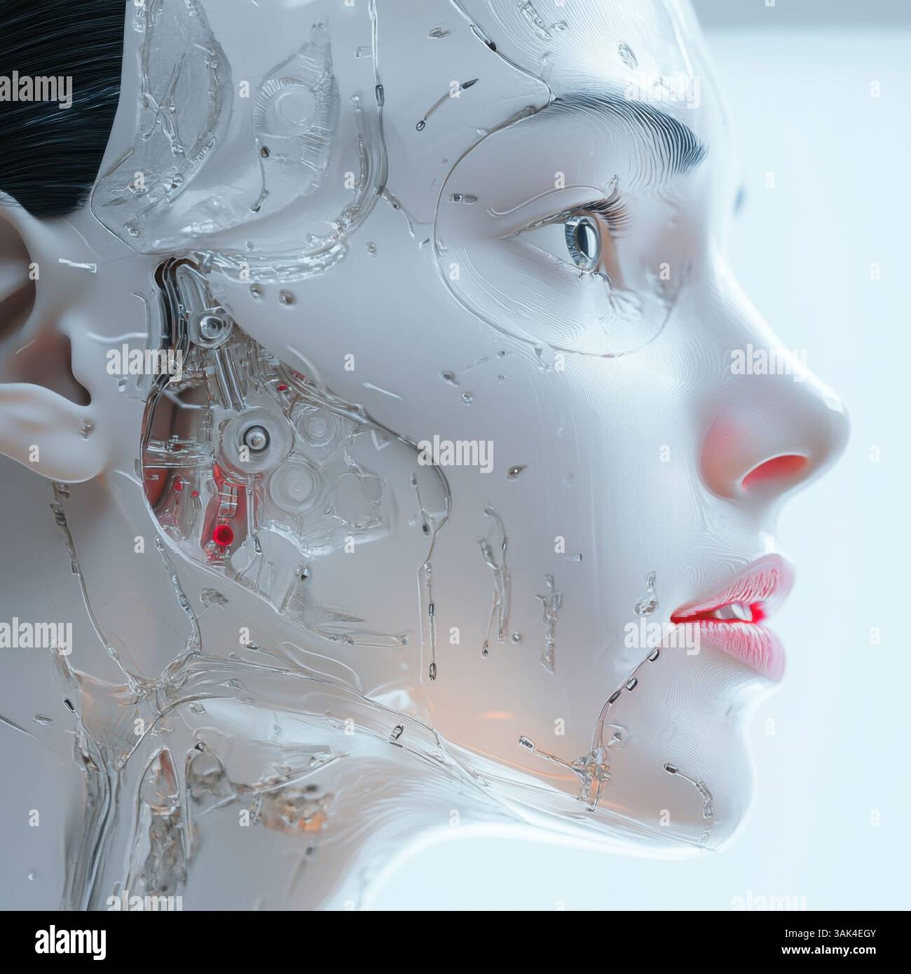 A detailed close-up of a futuristic robot face, featuring transparent ...