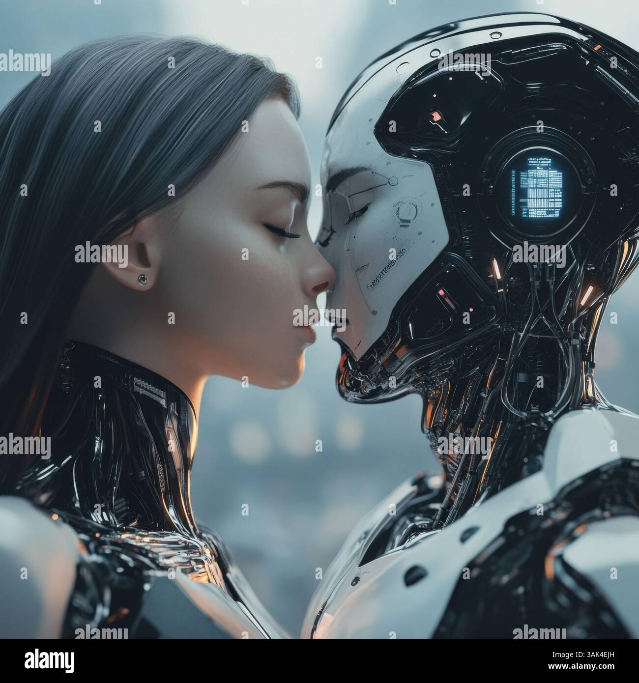 This captivating image shows a tender moment between a human and a futuristic robot ...