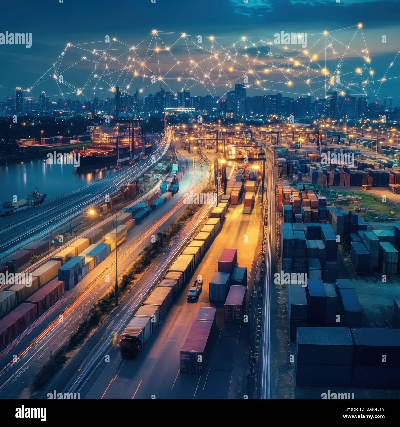 A stunning aerial view of a bustling logistics hub at night, featuring ...