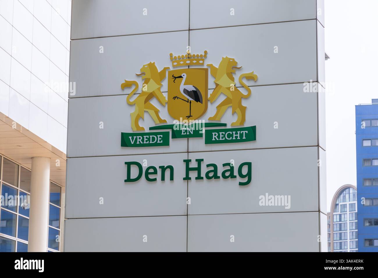 The Hague, the Netherlands. 15 February 2025. Logo peace and justice at ...