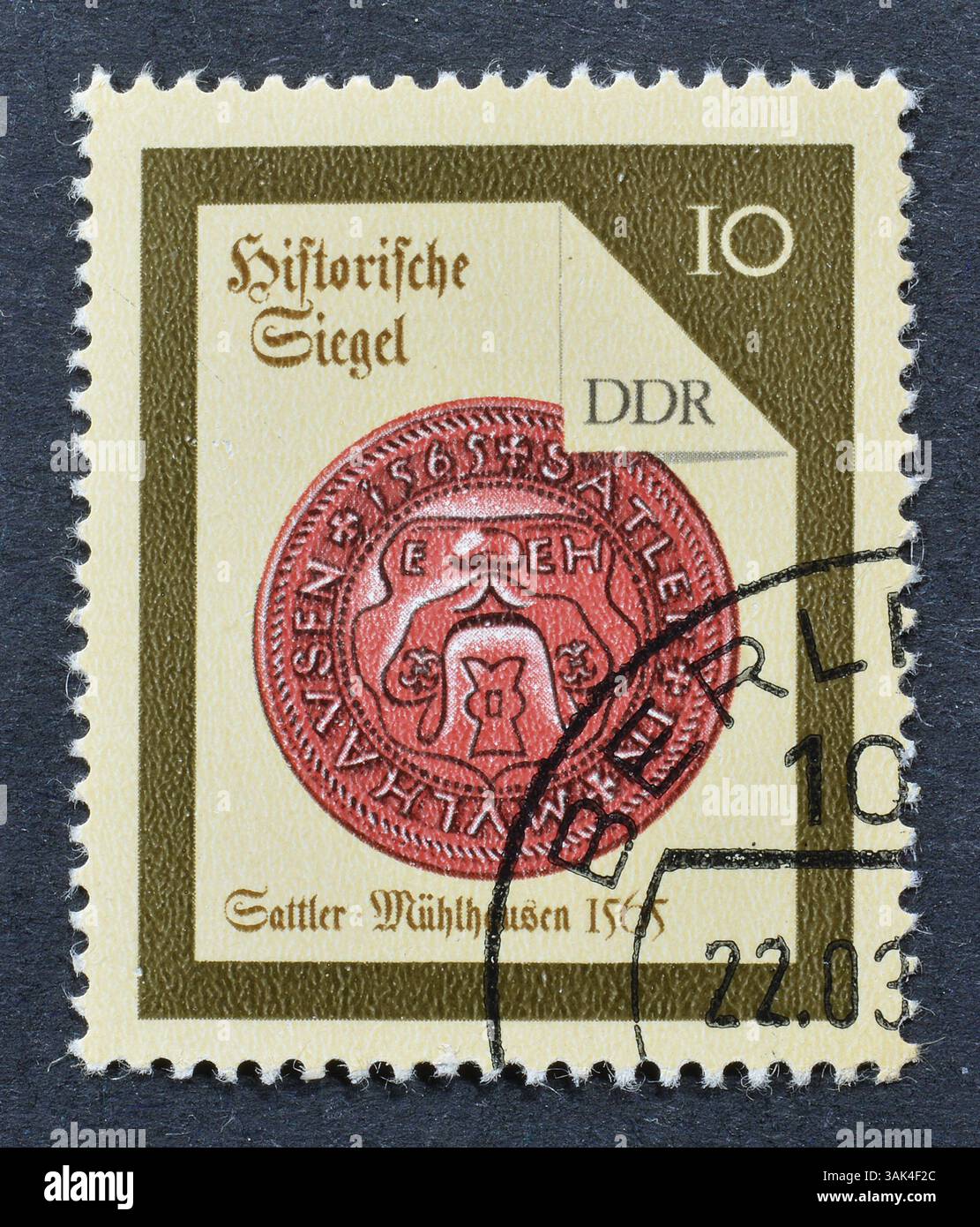 Cancelled postage stamp printed by East Germany, that shows Historical ...
