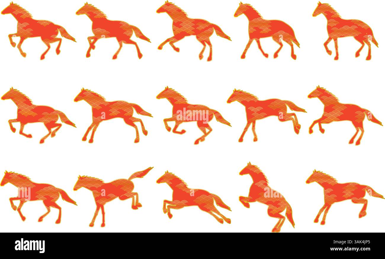 Horse silhouette set with Blue Sea Wave pattern, Japanese style ...