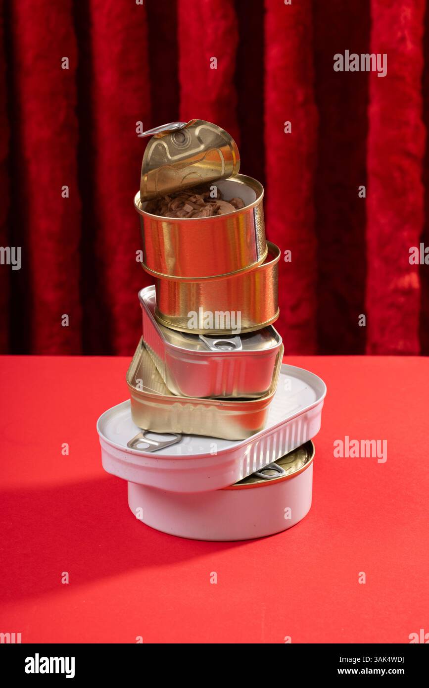 Canned tuna in various tins on a red background in a modern interior ...