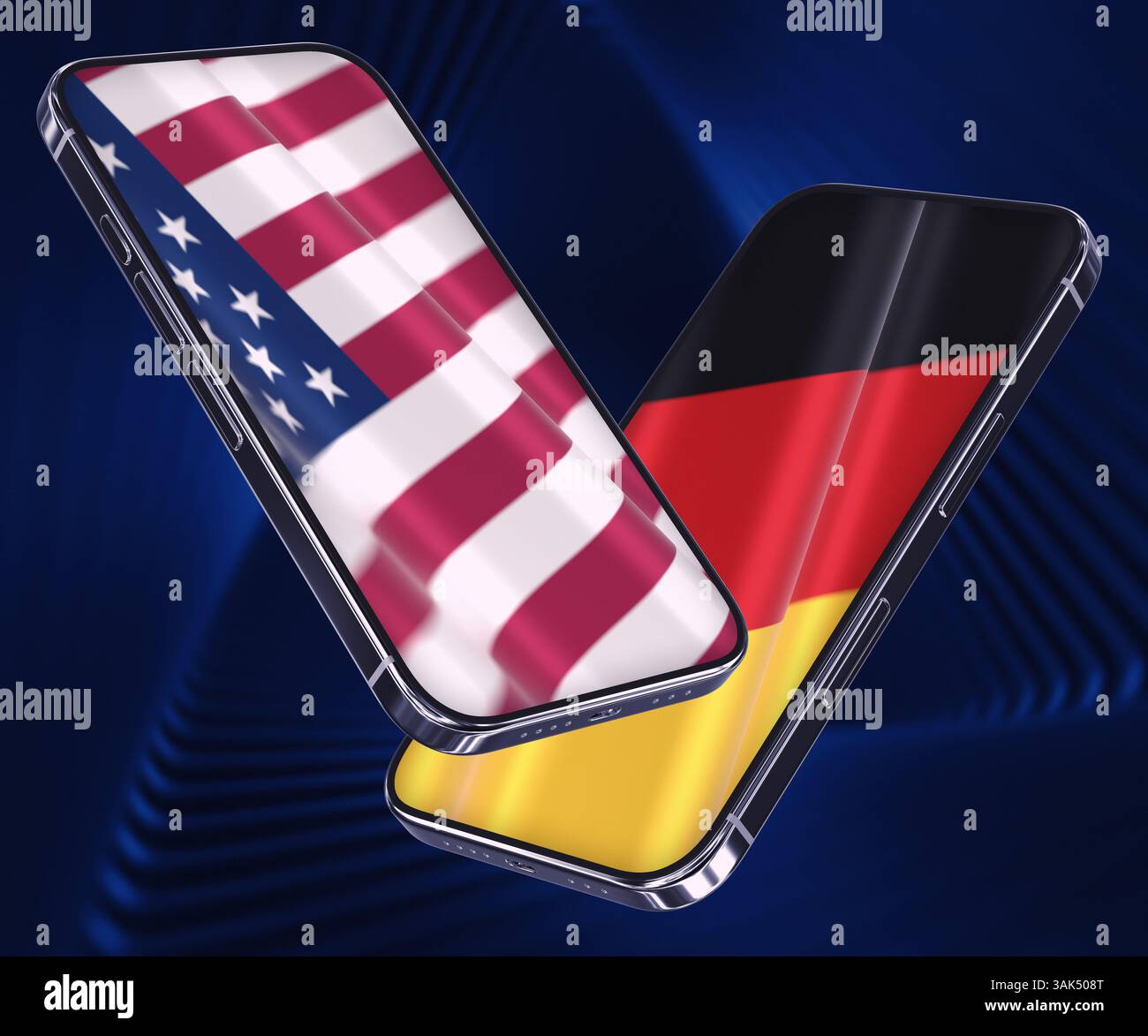 Two Smartphones With Waving Flags Of USA And Germany On The Abstract ...