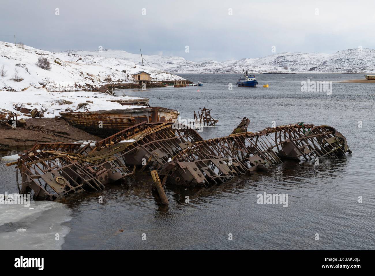 A cloudy March day at the cemetery of old ships. Teriberka, Murmansk ...