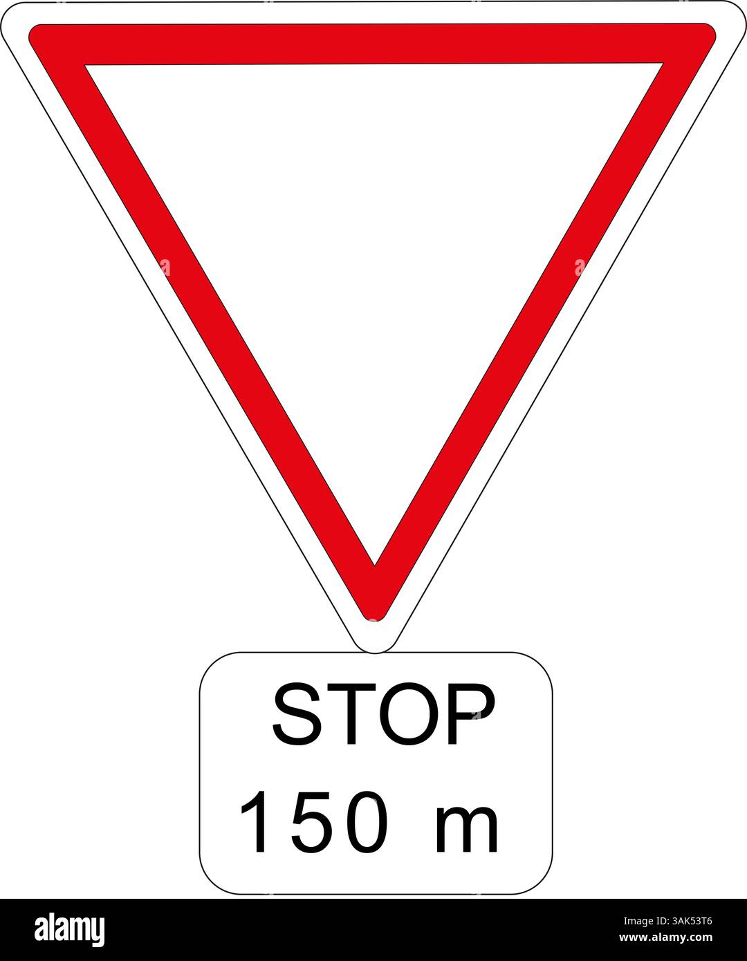 French road sign: Stop at 150m, give way at the intersection Stock ...