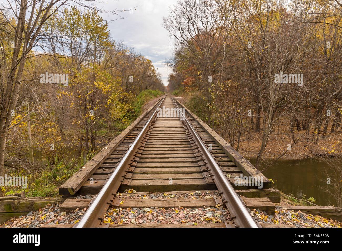 A railroad bridge in the woods during autumn Stock Photo - Alamy